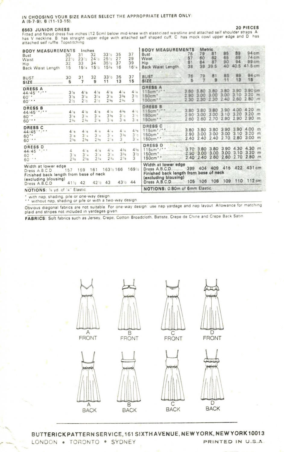 Juniors Miss Sleeveless Dress Butterick Pattern No. 6563 Sizes 11 to 15 ...