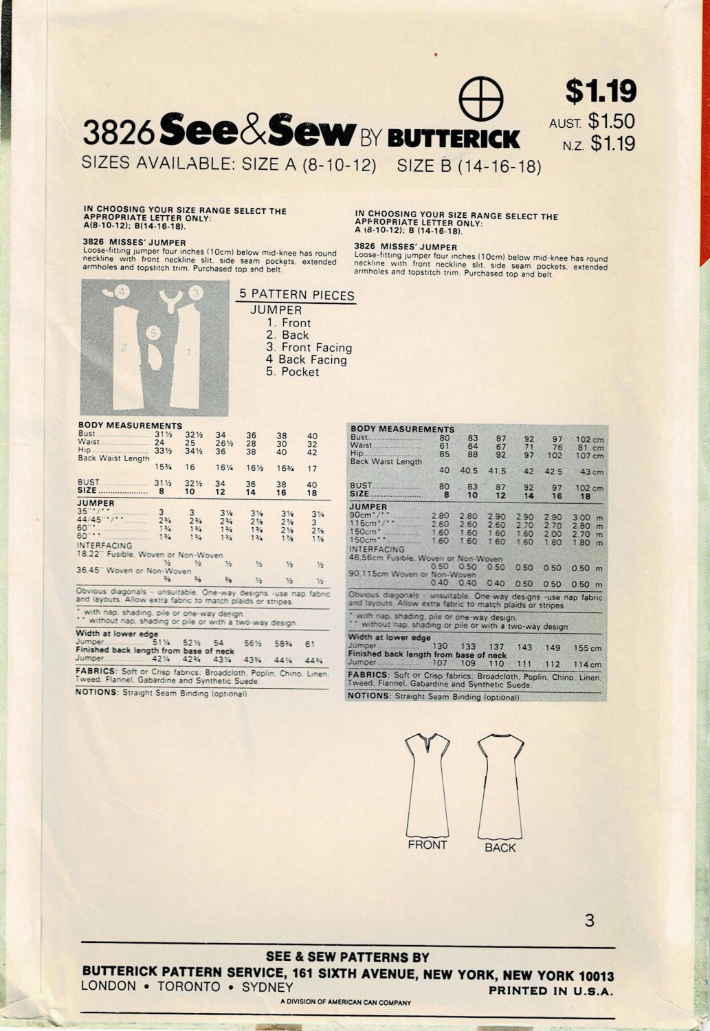 Butterick See & Sew Pattern No. 3826 Misses Dress Size 14-18 Vintage