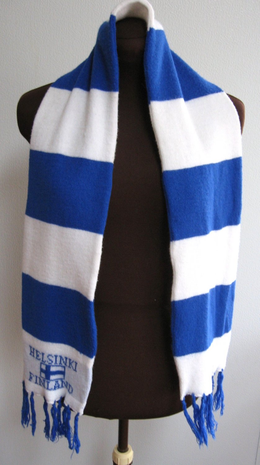 Blue and White Knit Winter Scarf Helsinki Finland Vintage 60" x 6"
