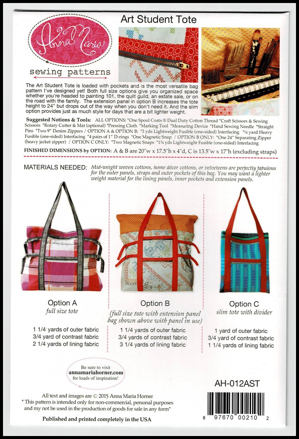 Anna Maria Horner Sewing Patterns Art Student Tote Bags New with Bonus ...