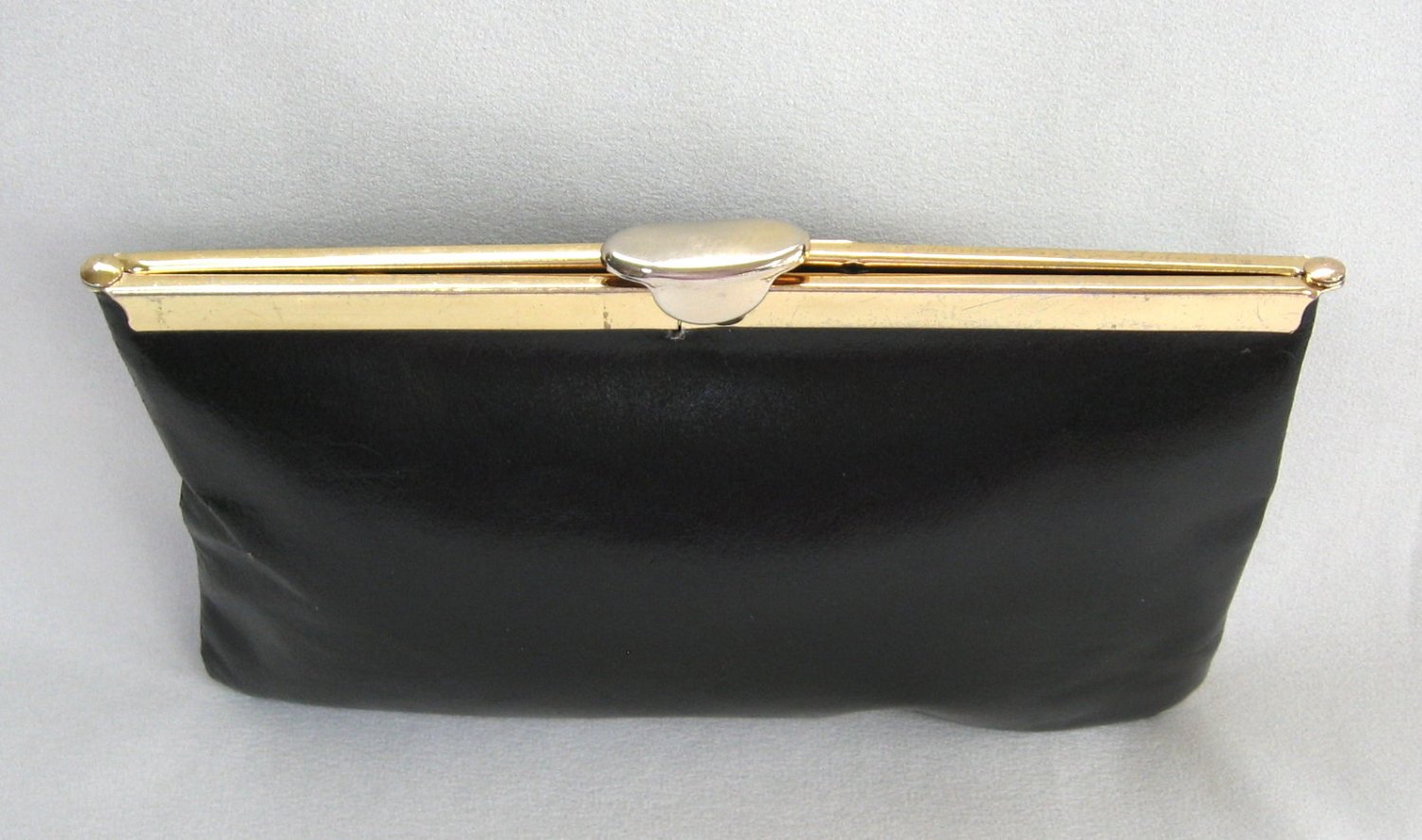 Black Leather Opened Hinged Handbag Clutch Purse Unique Style Vintage 1960s