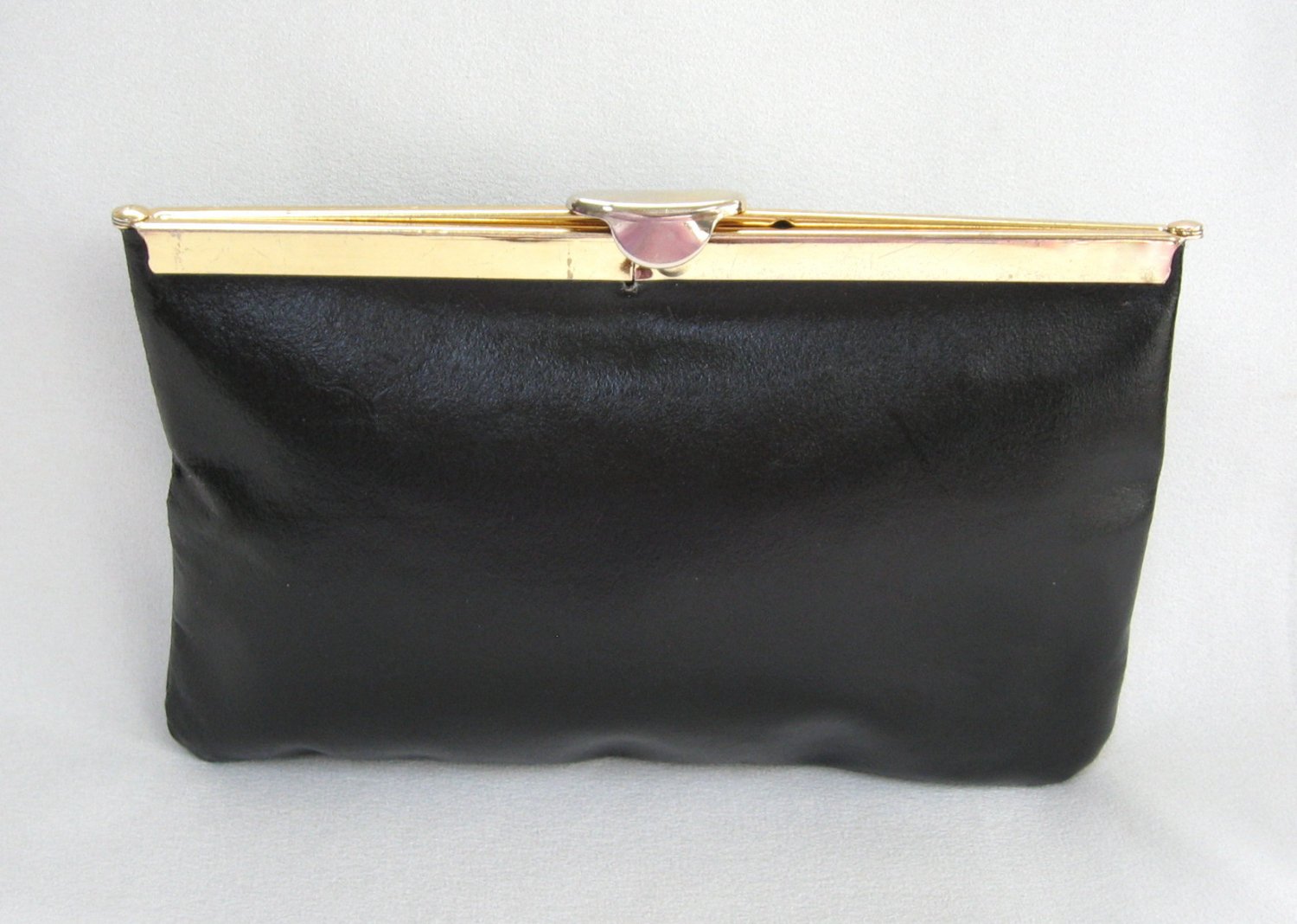Black Leather Opened Hinged Handbag Clutch Purse Unique Style Vintage 1960s