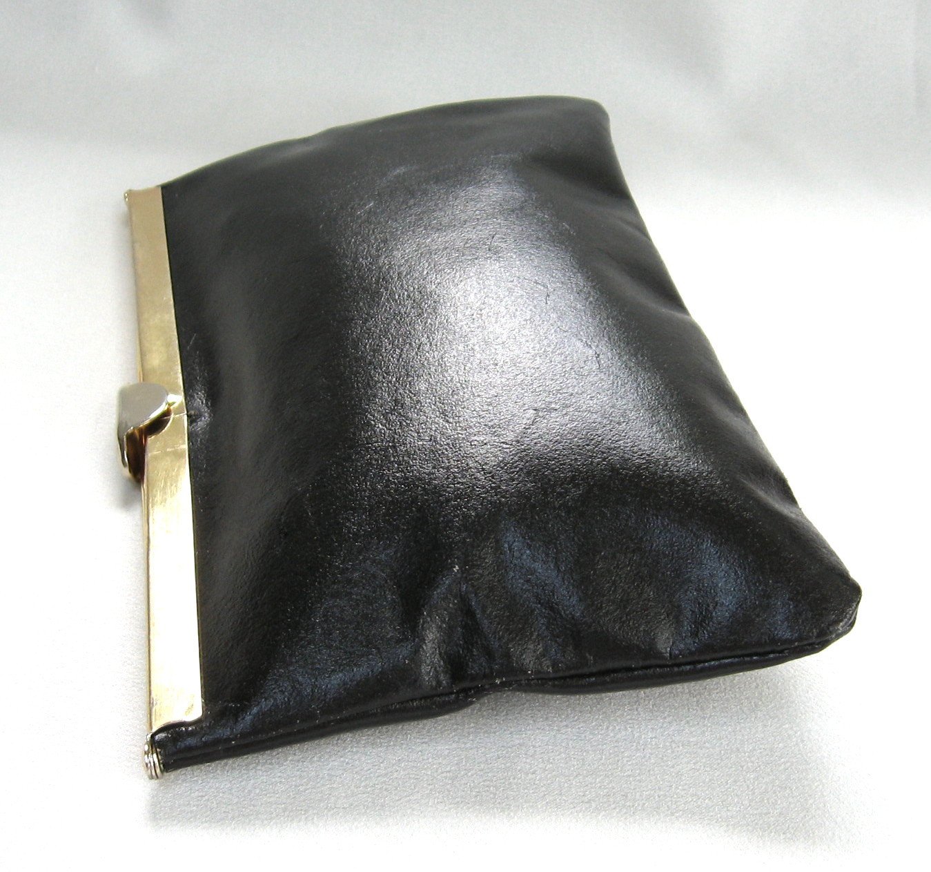 Black Leather Opened Hinged Handbag Clutch Purse Unique Style Vintage 1960s