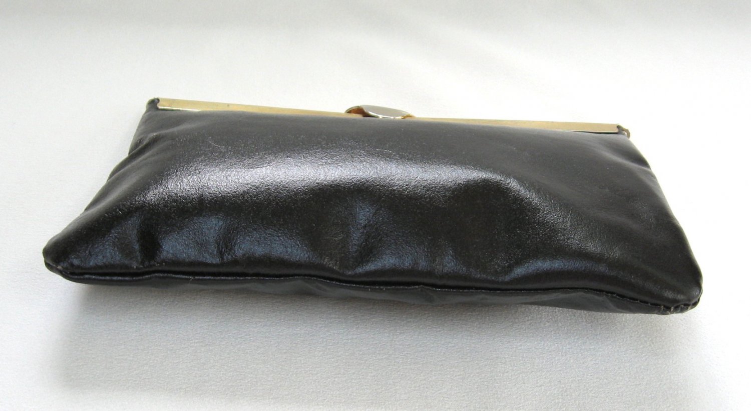 Black Leather Opened Hinged Handbag Clutch Purse Unique Style Vintage 1960s