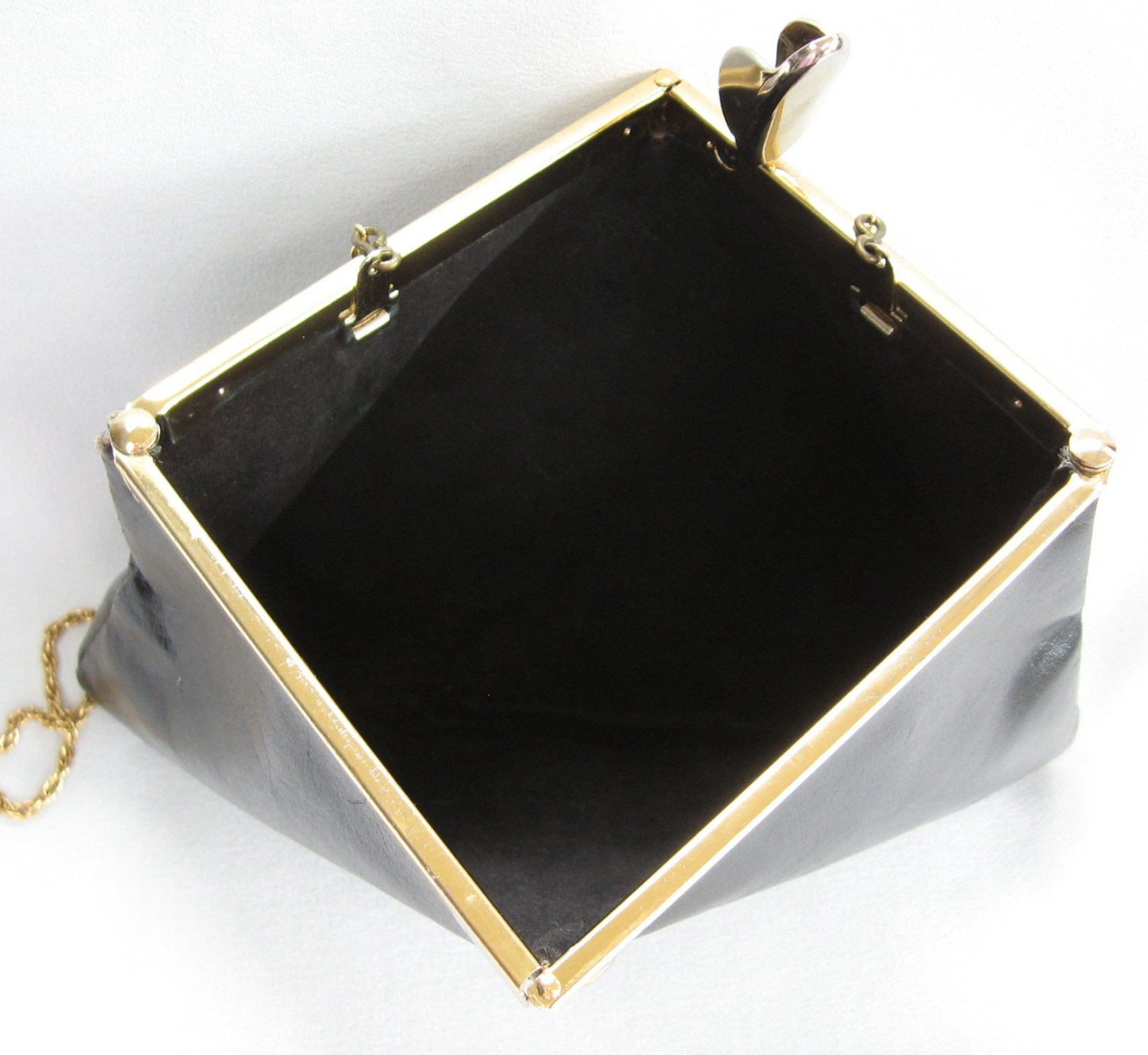 Black Leather Opened Hinged Handbag Clutch Purse Unique Style Vintage 1960s
