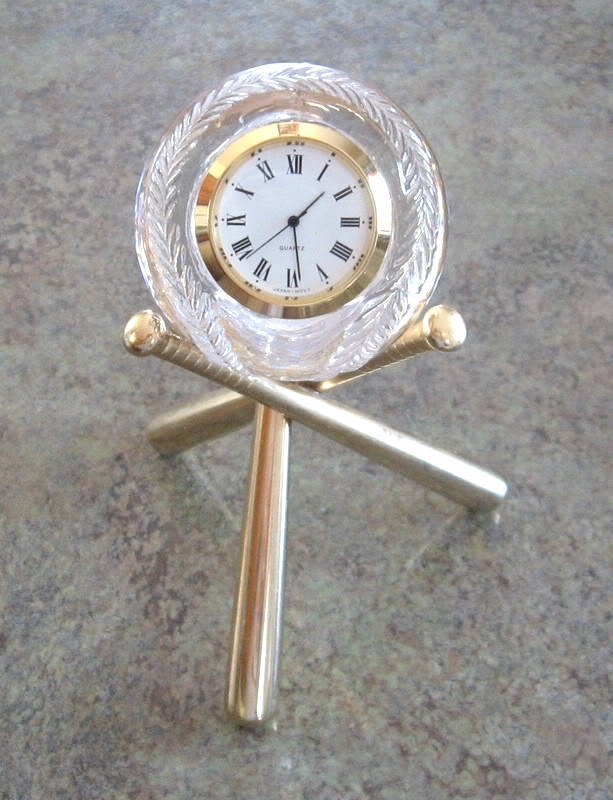Lead Crystal Glass Baseball Shaped Clock & 3 Gold Tier Bat Stand