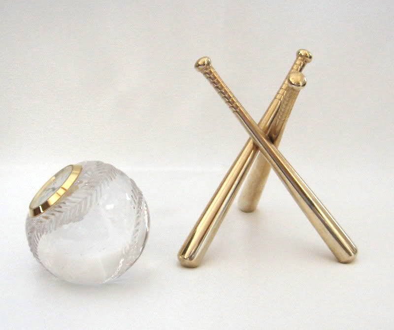 Lead Crystal Glass Baseball Shaped Clock & 3 Gold Tier Bat Stand