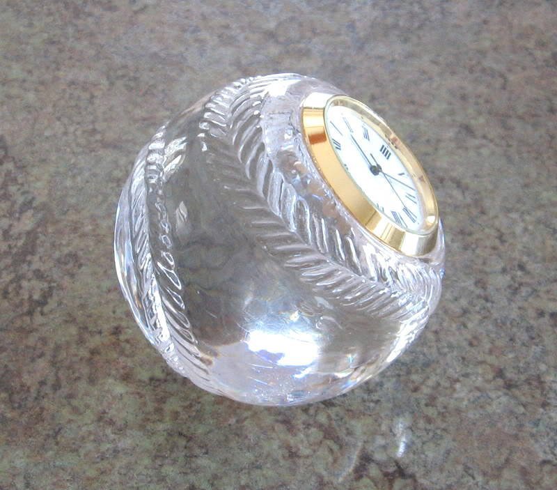 Lead Crystal Glass Baseball Shaped Clock & 3 Gold Tier Bat Stand