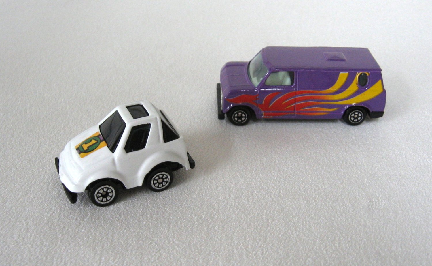 2 Diecast Toy Cars Purple Conversion Van & Mini White Car Vintage 1990s