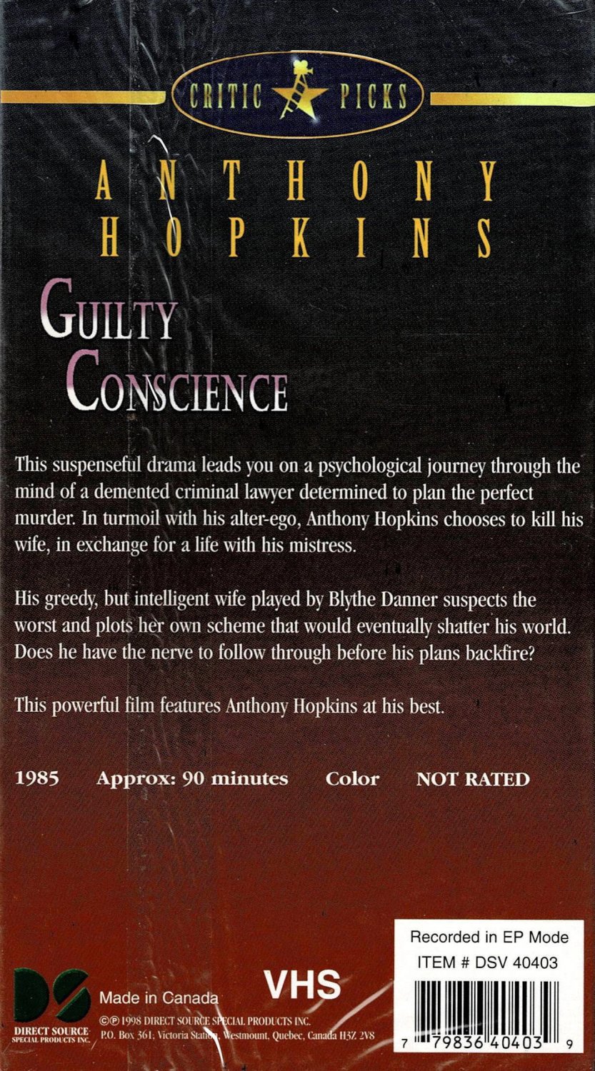 Guilty Conscience Movie Anthony Hopkins Blythe Danner VHS Video ...