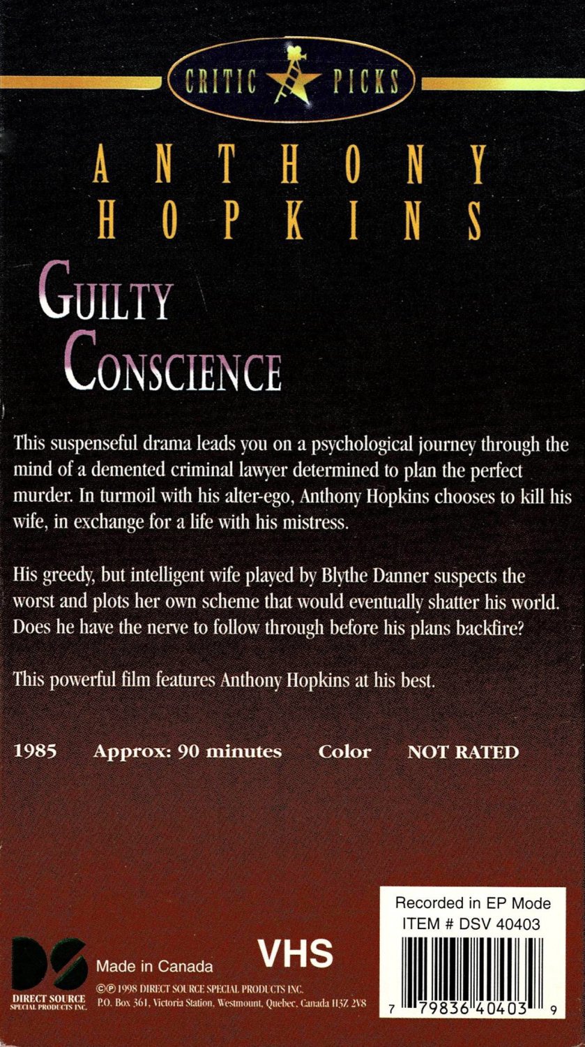Anthony Hopkins Guilty Conscience Movie Psychological Suspenseful VHS Video