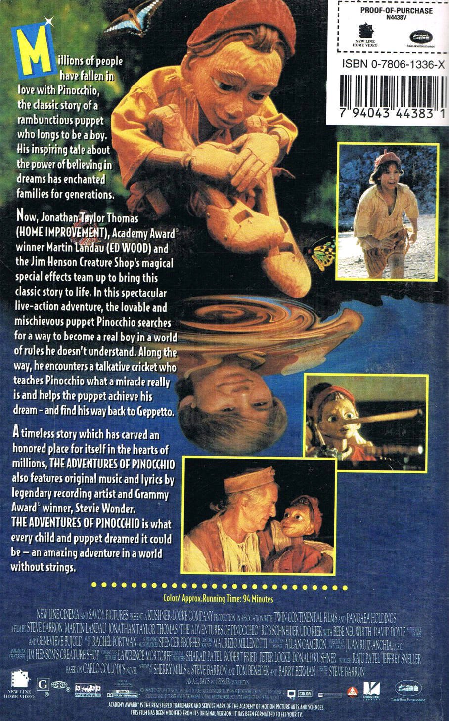 The Adventures of Pinocchio Movie Martin Landau & Jonathan Taylor Thomas VHS Video