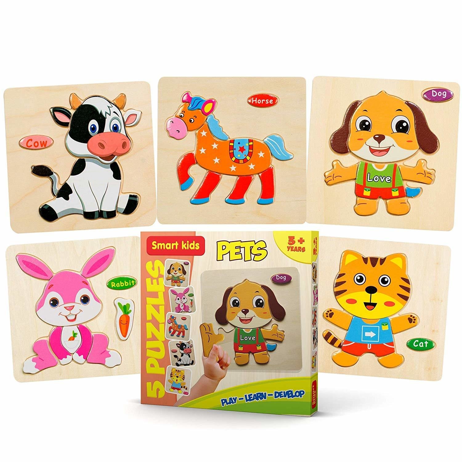 5 Wooden Pet Puzzles By Smart Kids Dog Rabbit Horse Cow Cat 48 Pc. Set ...