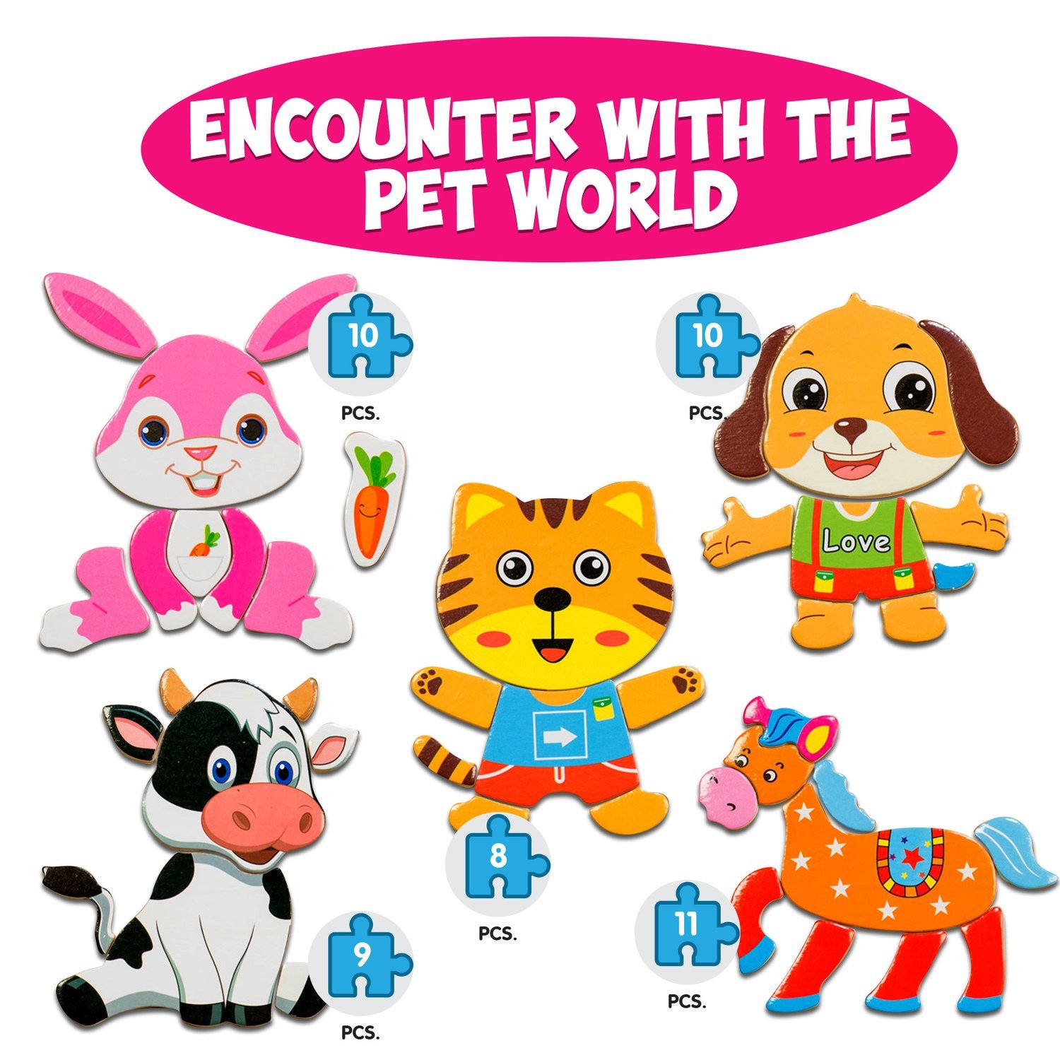 5 Wooden Pet Puzzles By Smart Kids Dog Rabbit Horse Cow Cat 48 Pc. Set ...