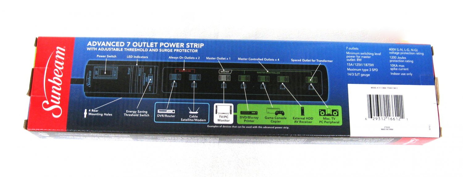 Sunbeam Advanced 7 Outlet Power Strip with Adjustable Threshold and ...