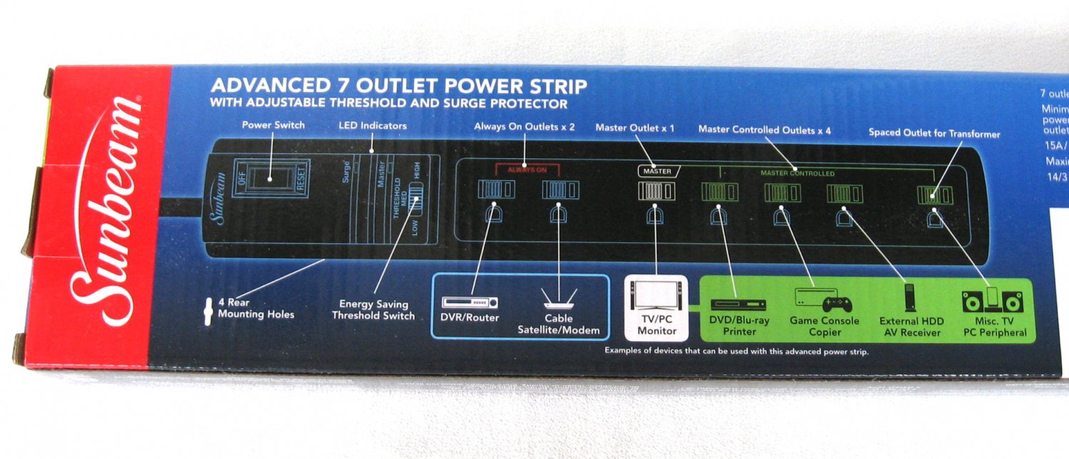 Sunbeam Advanced 7 Outlet Power Strip with Adjustable Threshold and ...