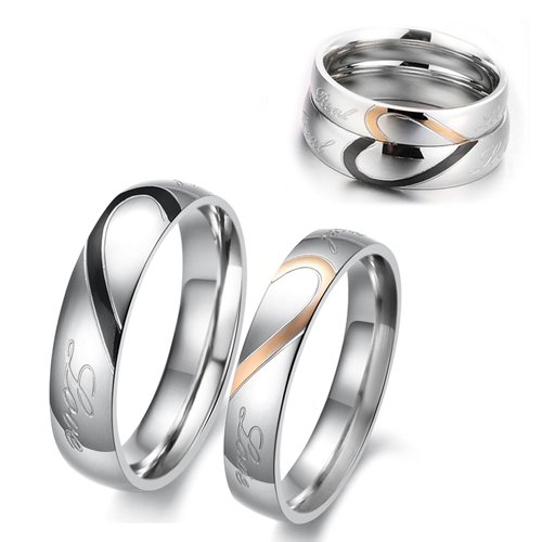 His and Her Heart Shape Matching Titanium Steel Lovers Rings