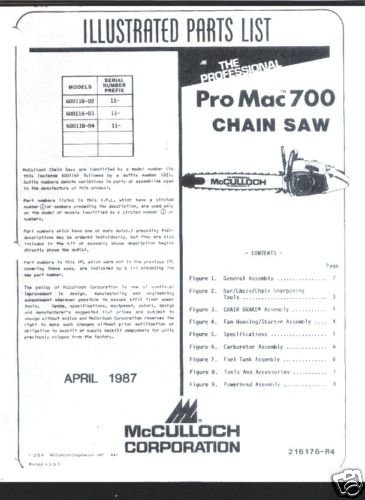 Pro Mac 700, McCulloch Chain Saw Parts List