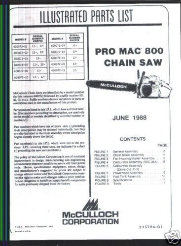 Pro Mac 800, McCulloch Chain Saw Parts List