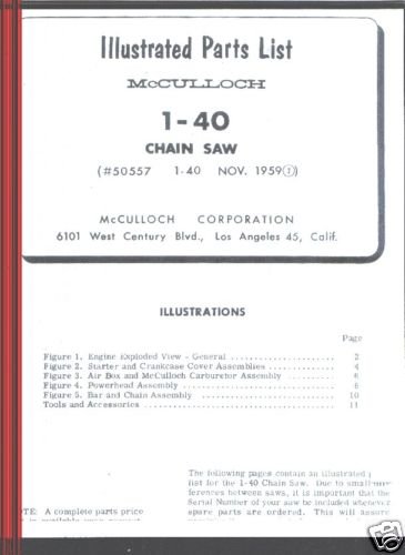 Model 1-40, McCulloch, Chain Saw Parts List (1959)