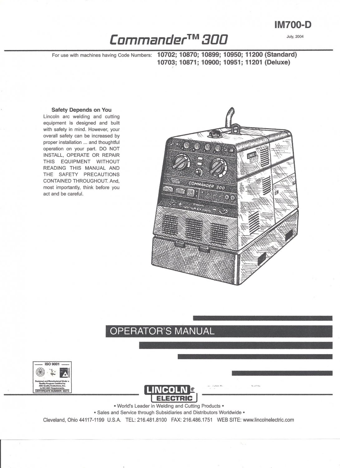 Lincoln Electric COMMANDER 300 Welder Operator's Manual ( Copy)
