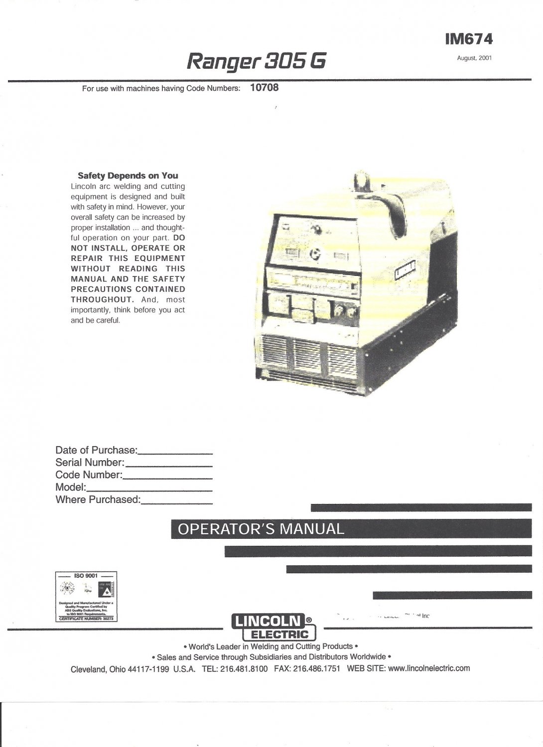 Lincoln Electric RANGER 305 G Welder Operator's Manual ( Copy)