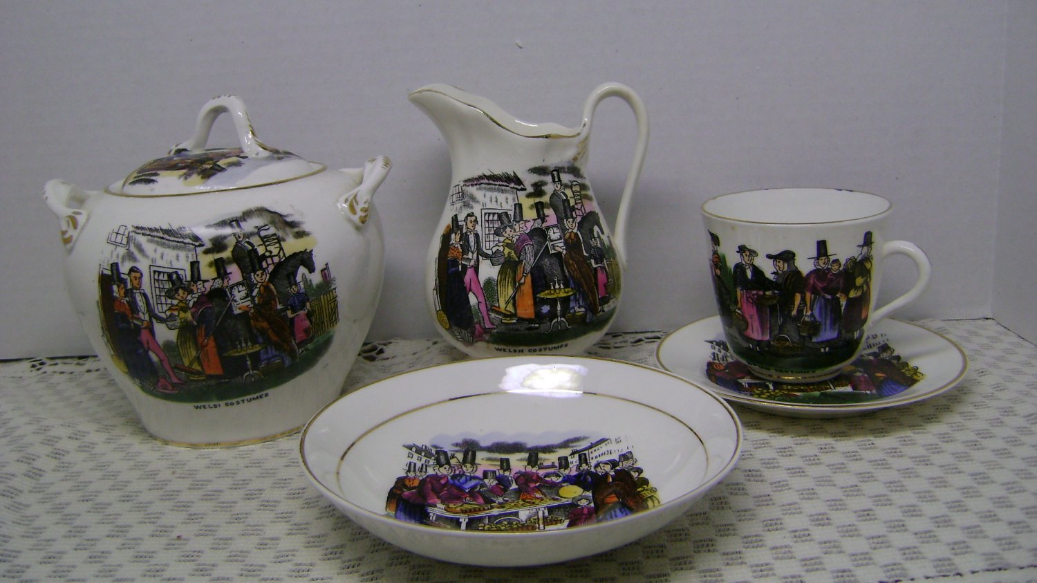 Mid 19th Century Antique WELSH COSTUMES Tea set Vintage China