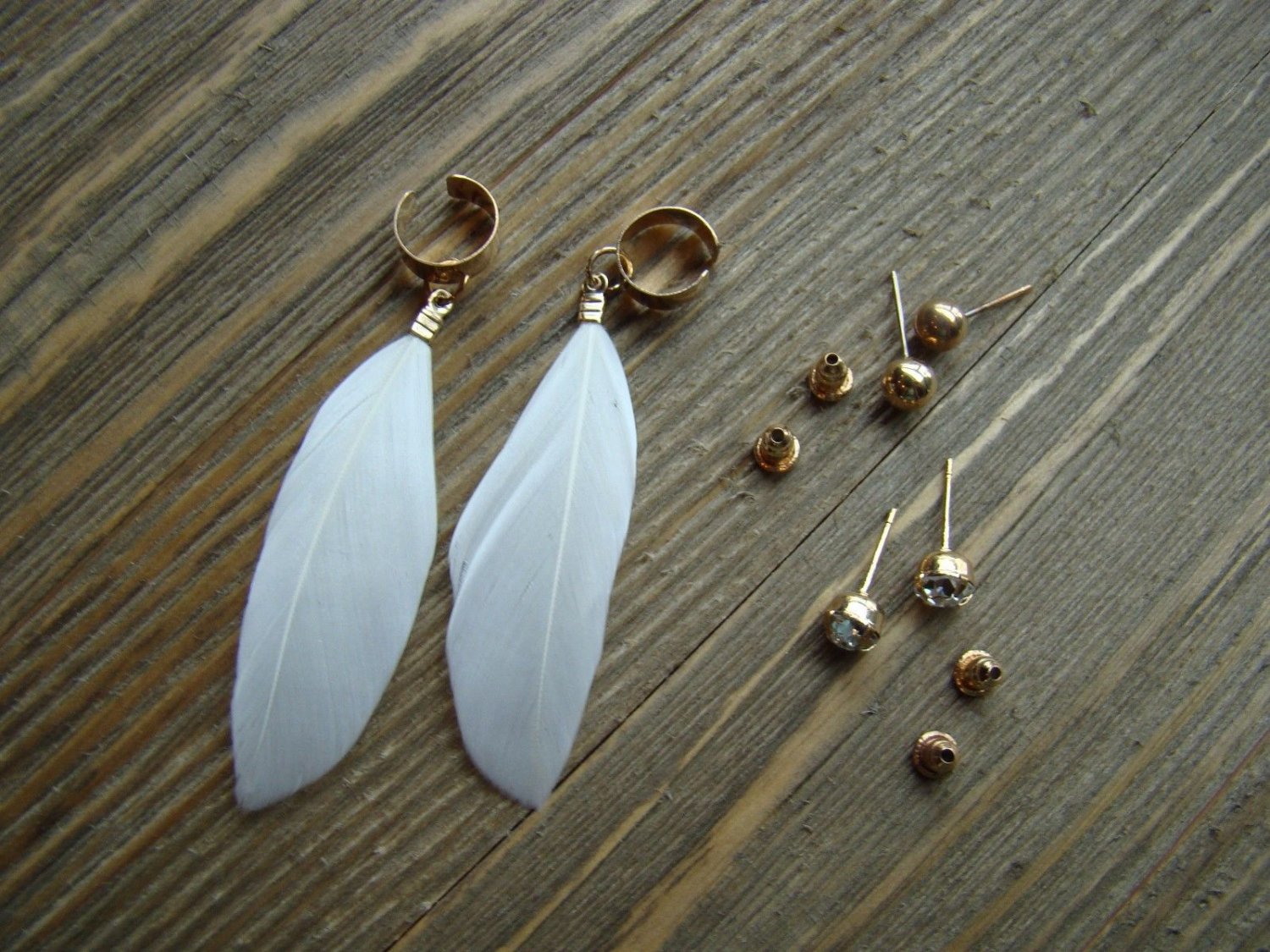 Real Feather Ear Cuffs Earring Rhinestone Stud Earrings Set Gypsy Boho ...