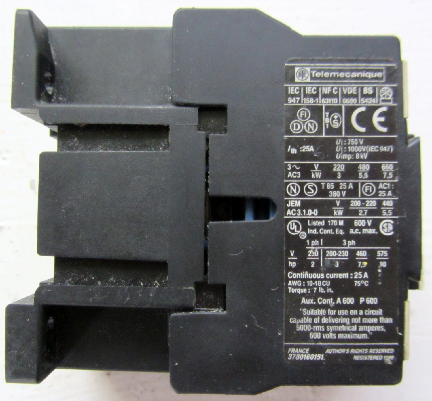 Telemecanique LC1D1210 120 VAC Motor Starter Contactor 25 AMP 600 VAC 1 ...