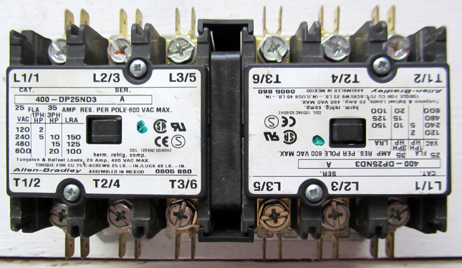 Allen Bradley 400-DP25ND3 Definite Purpose Contactor 120 VAC Ser A 25 ...