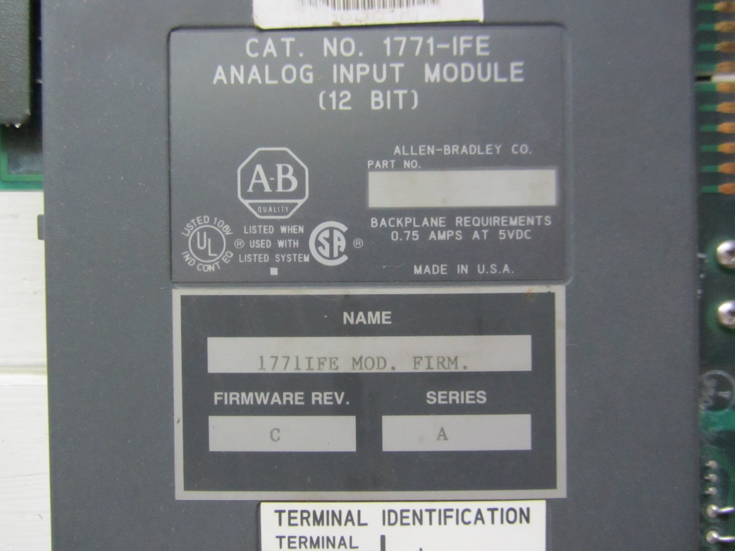 Allen Bradley 1771-IFE Analog Input Module 12 Bit 1771IFE Series A Firm Rev C