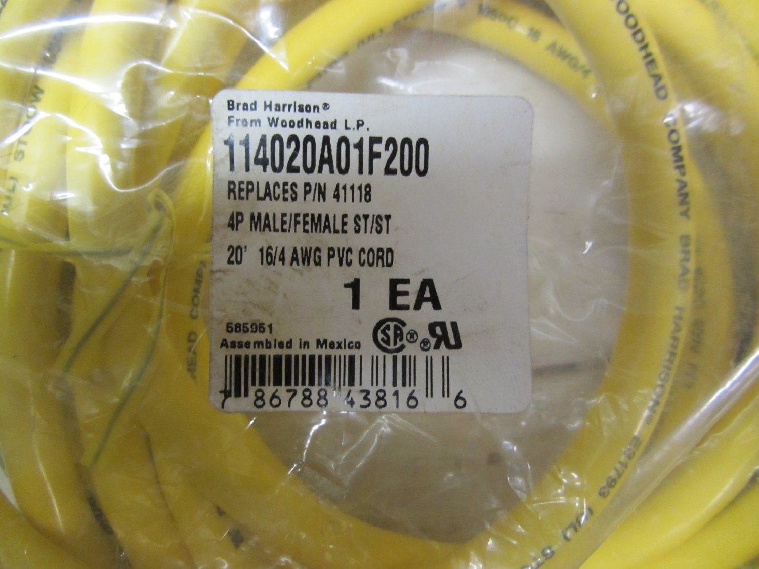 Woodhead Brad Connectivity 114020A01F200 4 Pin Male/Female 20 Foot 16 ...