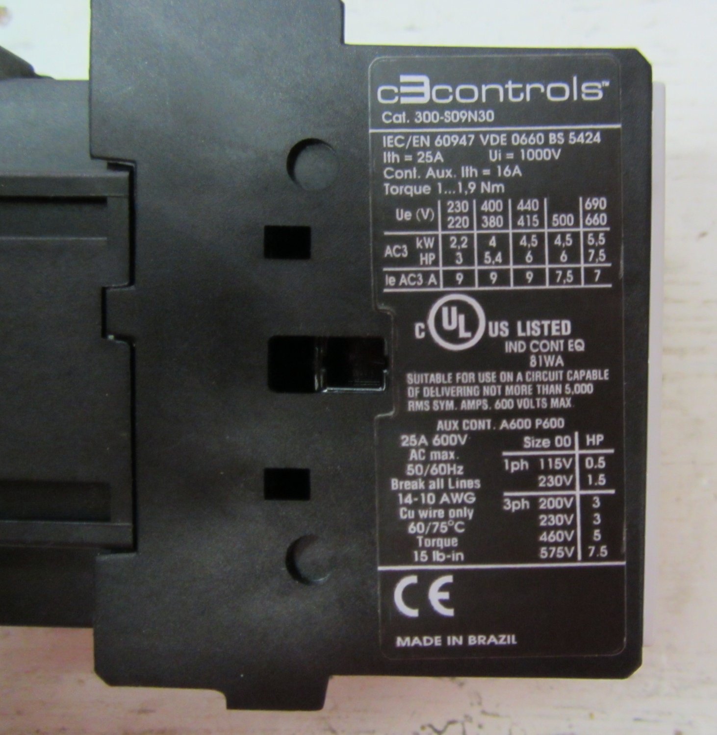 C3 Controls 300-S09N30D10 S0910E Motor Starter Contactor 24 VDC Coil 1 ...