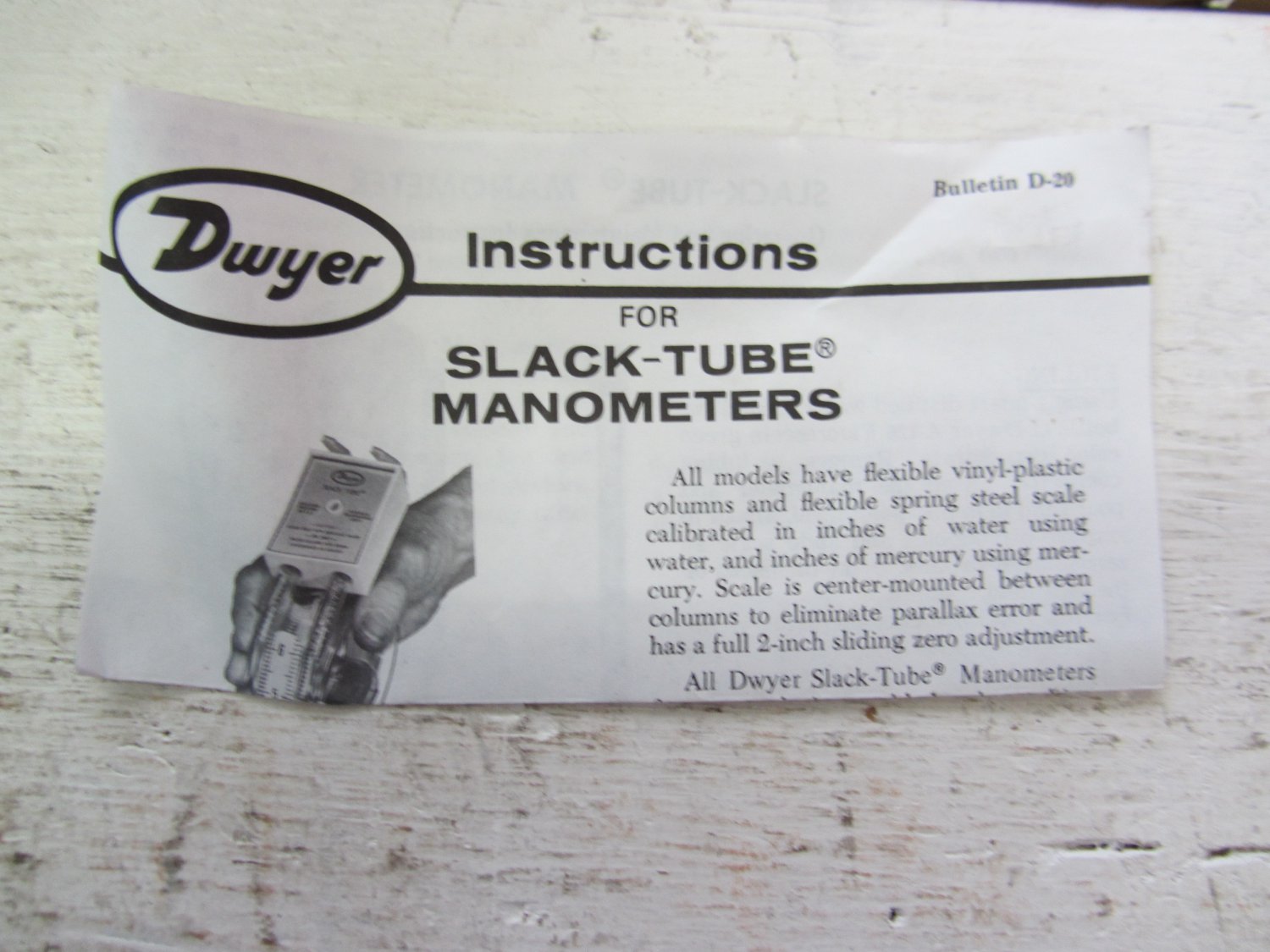 Dwyer Slack Tube Manometer Series 1211 Max Pressure 50 PSI 130 Degrees F
