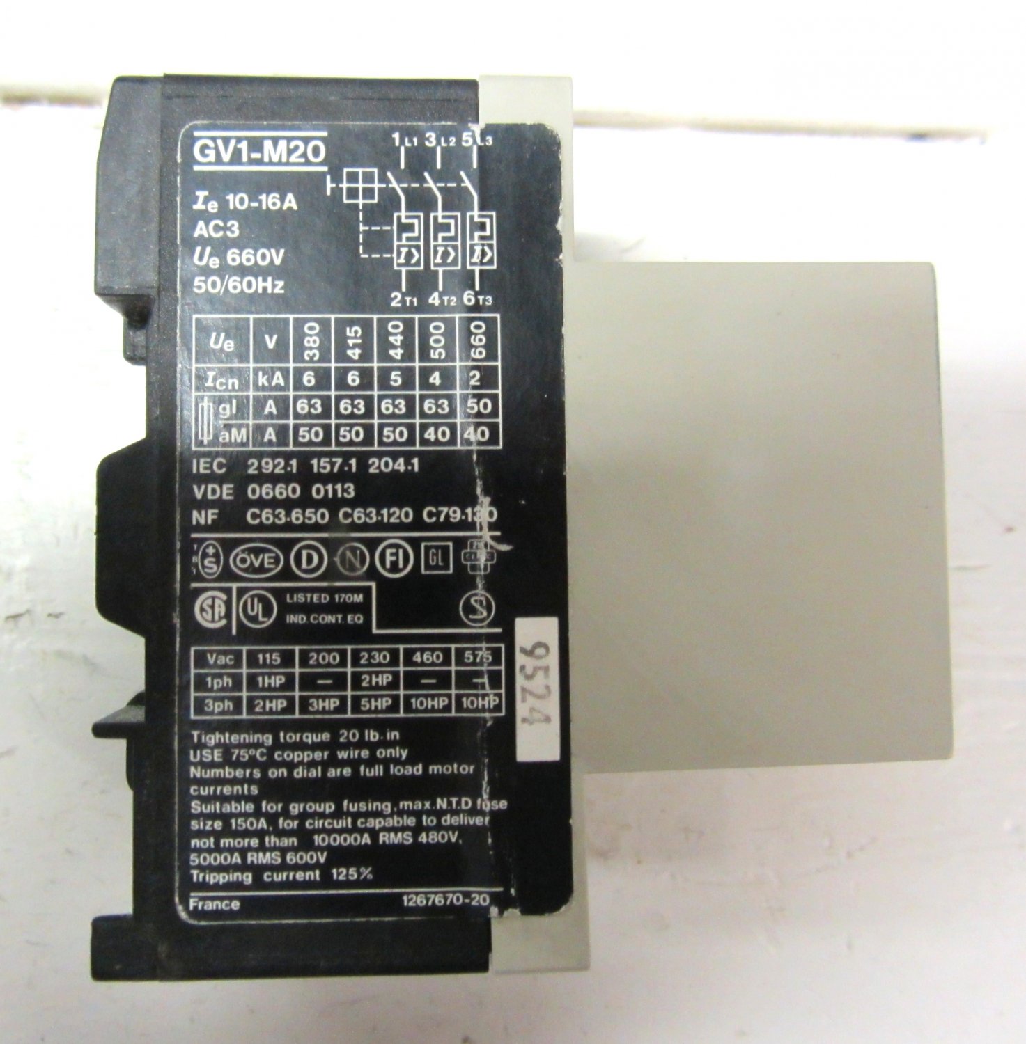 Telemecanique GV1-M20 Motor Protector Circuit Breaker 10 - 16 Amp GV1M20