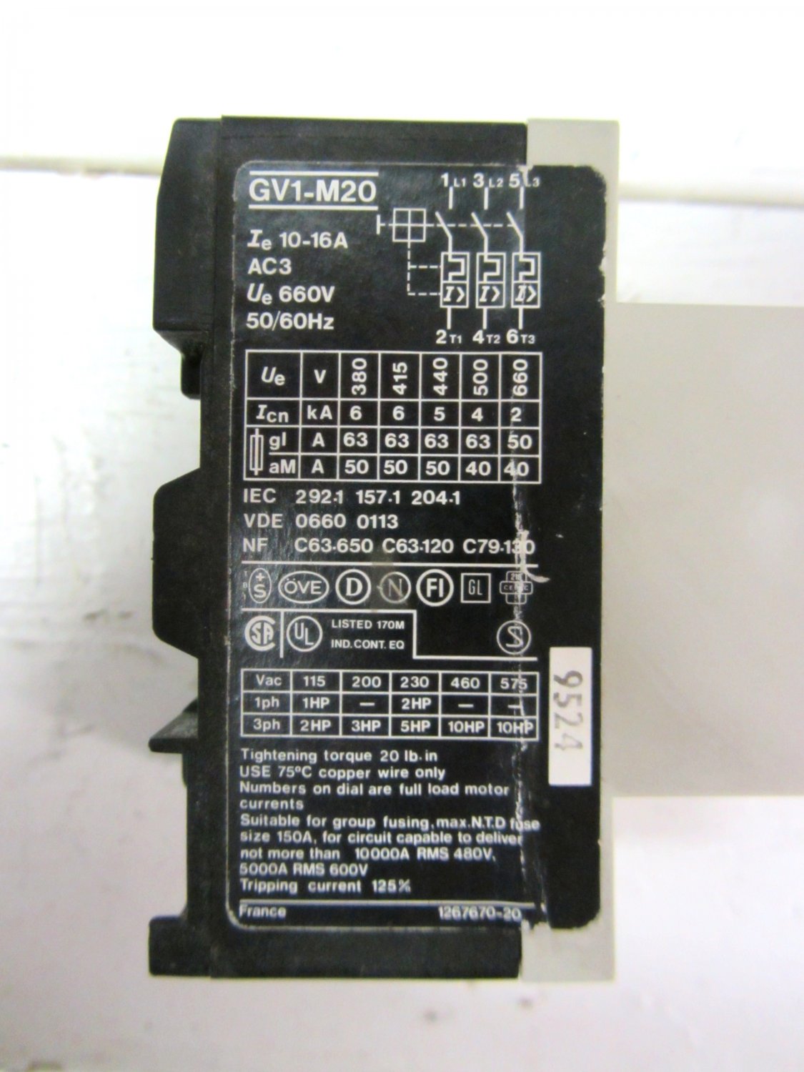 Telemecanique GV1-M20 Motor Protector Circuit Breaker 10 - 16 Amp GV1M20