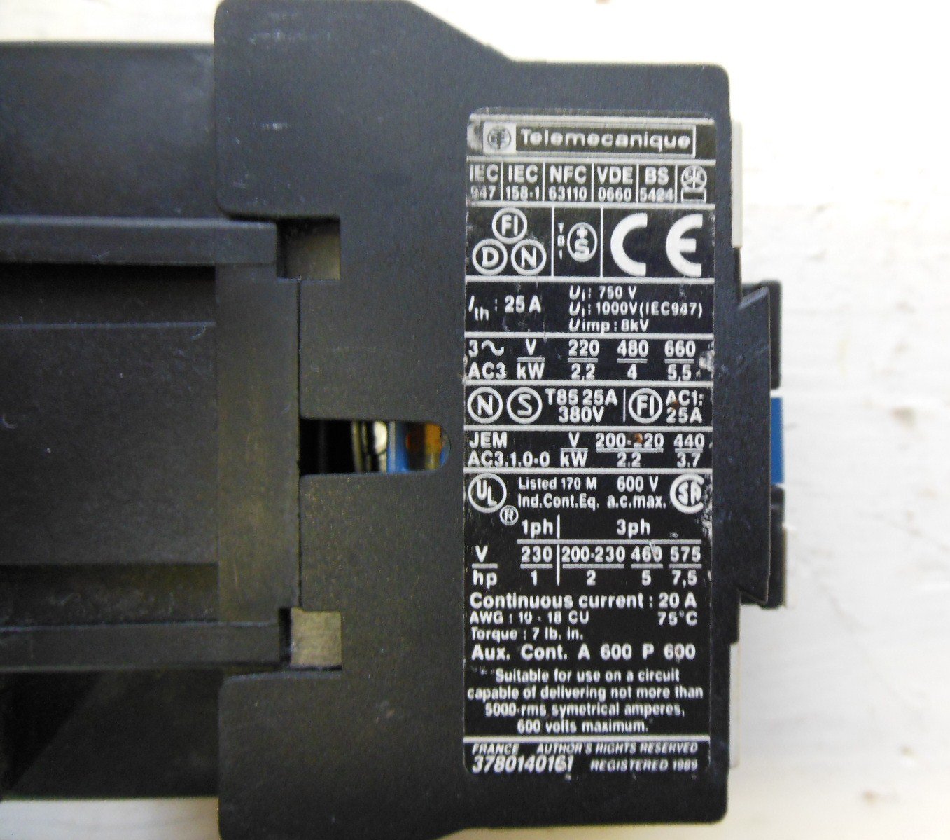 Telemecanique LC1D0910 48 VAC Motor Starter Contactor LC1D0910E7 600 ...