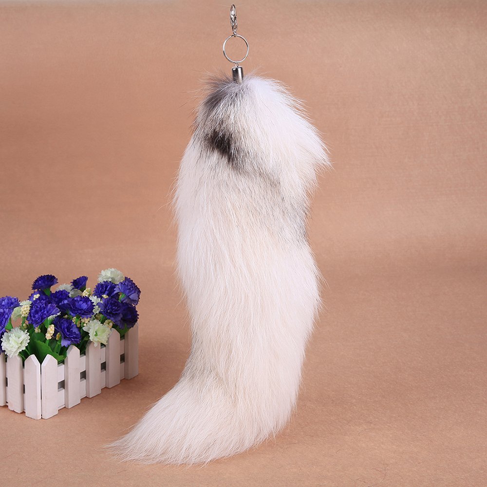 URSFUR 18" Fluffy White Gray Tail Fur Keychain Cosplay Toy Car Bag ...