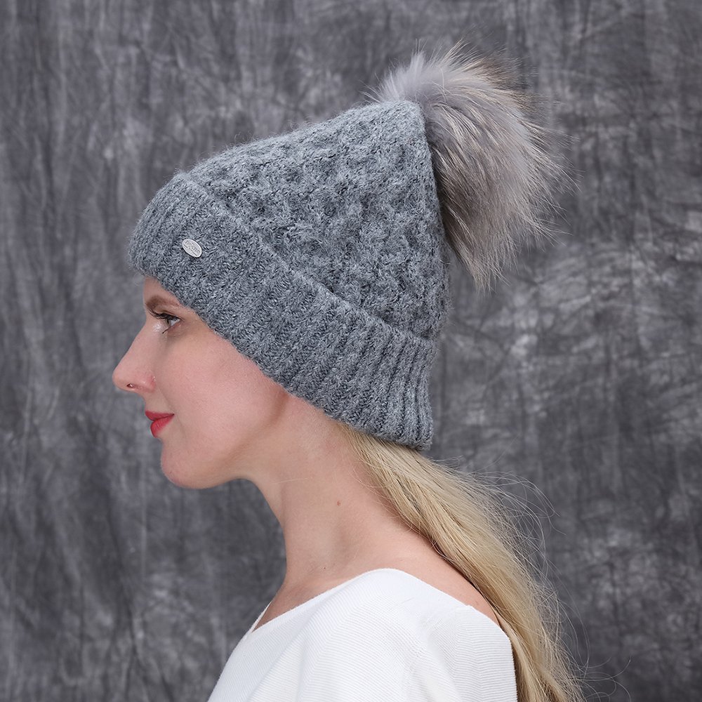 Ursfur Women Mohair Wool Knitted Cable Hat With Pompom Slouchy Beanie