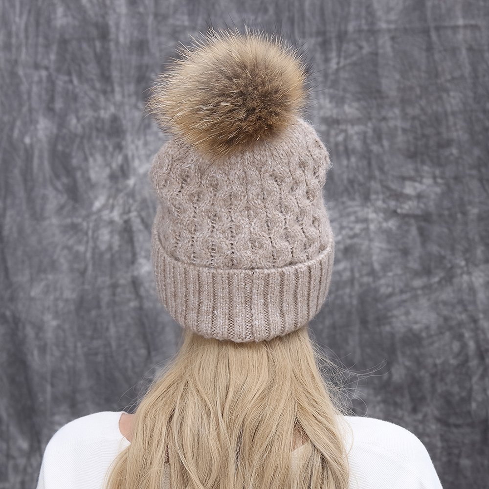 Ursfur Women Mohair Wool Knitted Cable Hat With Pompom Slouchy Beanie