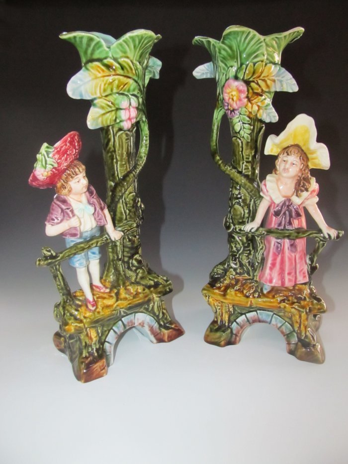 Old Antique Brothers Urbach Teplitz Bohemian Austrian Majolica Boy Girl ...