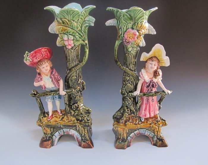 Old Antique Brothers Urbach Teplitz Bohemian Austrian Majolica Boy Girl ...