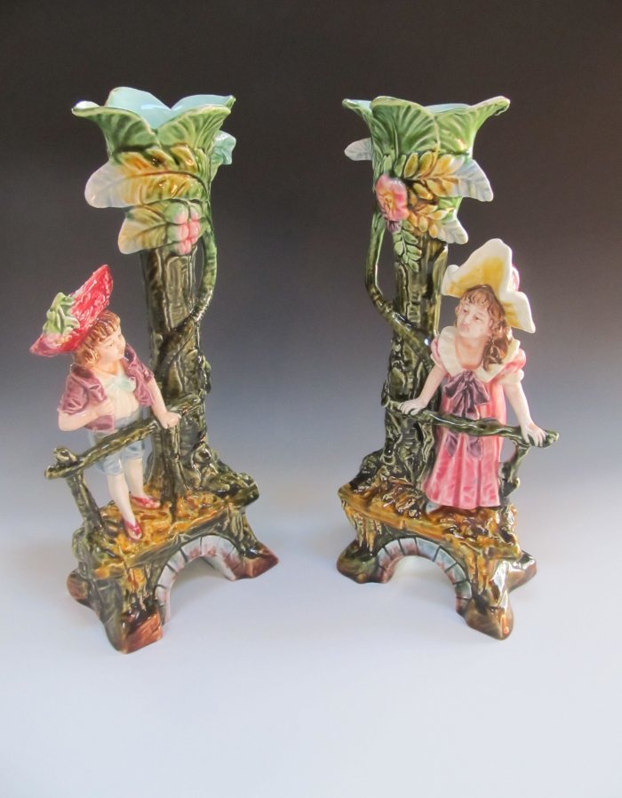 Old Antique Brothers Urbach Teplitz Bohemian Austrian Majolica Boy Girl ...
