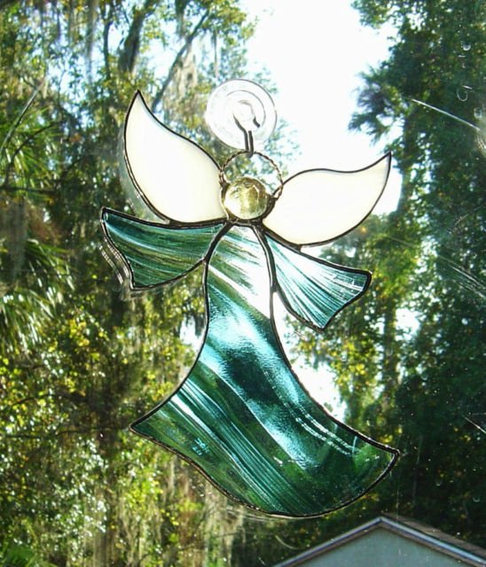 Whispy Turquoise Blue & Clear Handmade Stained Glass Angel Suncatcher ...