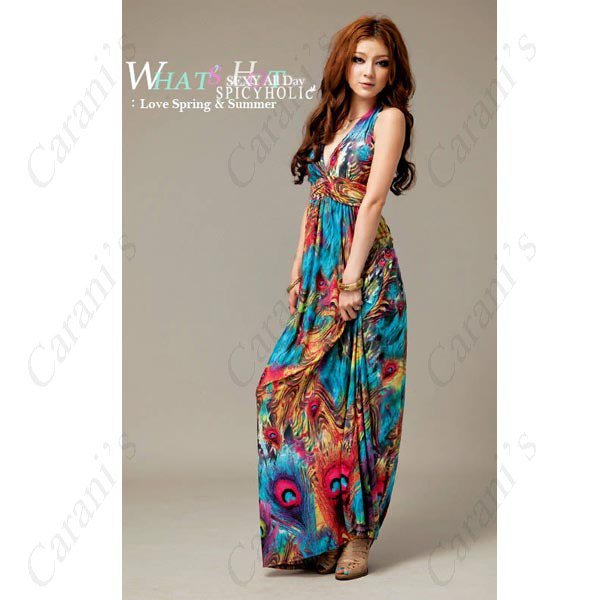 Exotic Bohemian Style Halter Neck Long Dress Skirt with Prints for ...