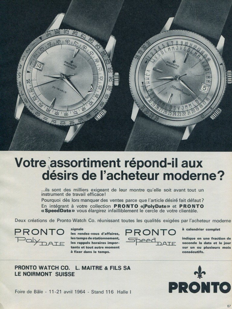 1964 Pronto Watch Company PolyDate SpeedDate Advert Vintage 1964 Swiss ...