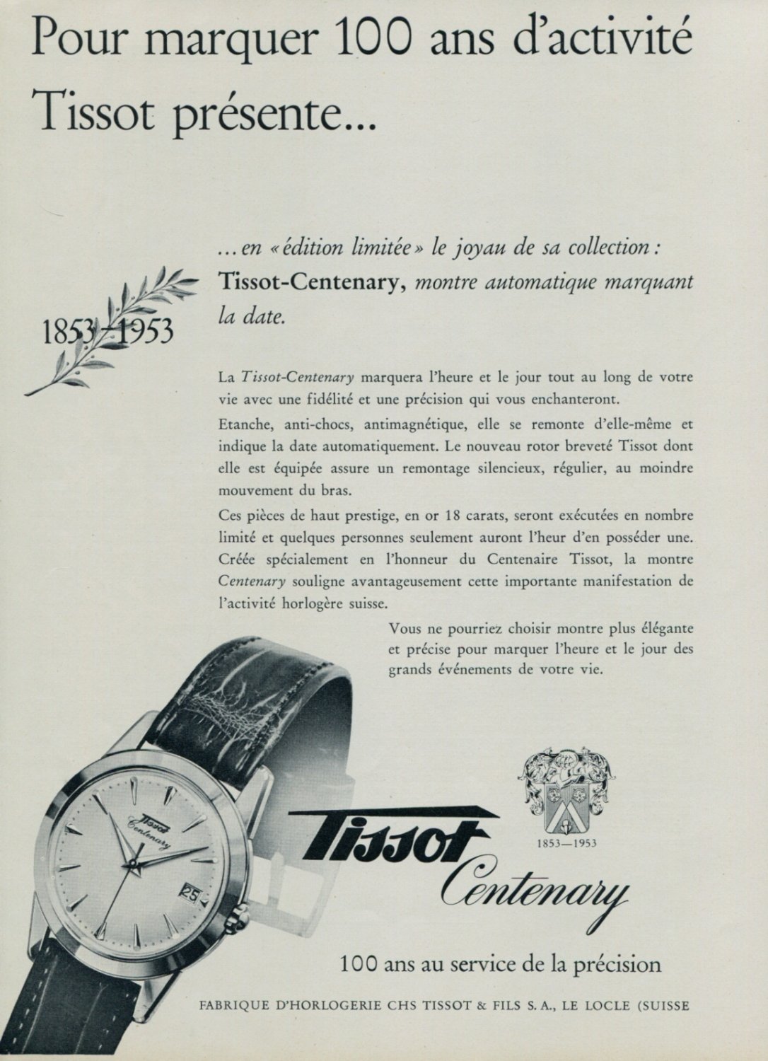 1953 Tissot Watch Company 100 Year Anniversary Vintage 1953 Swiss Ad ...