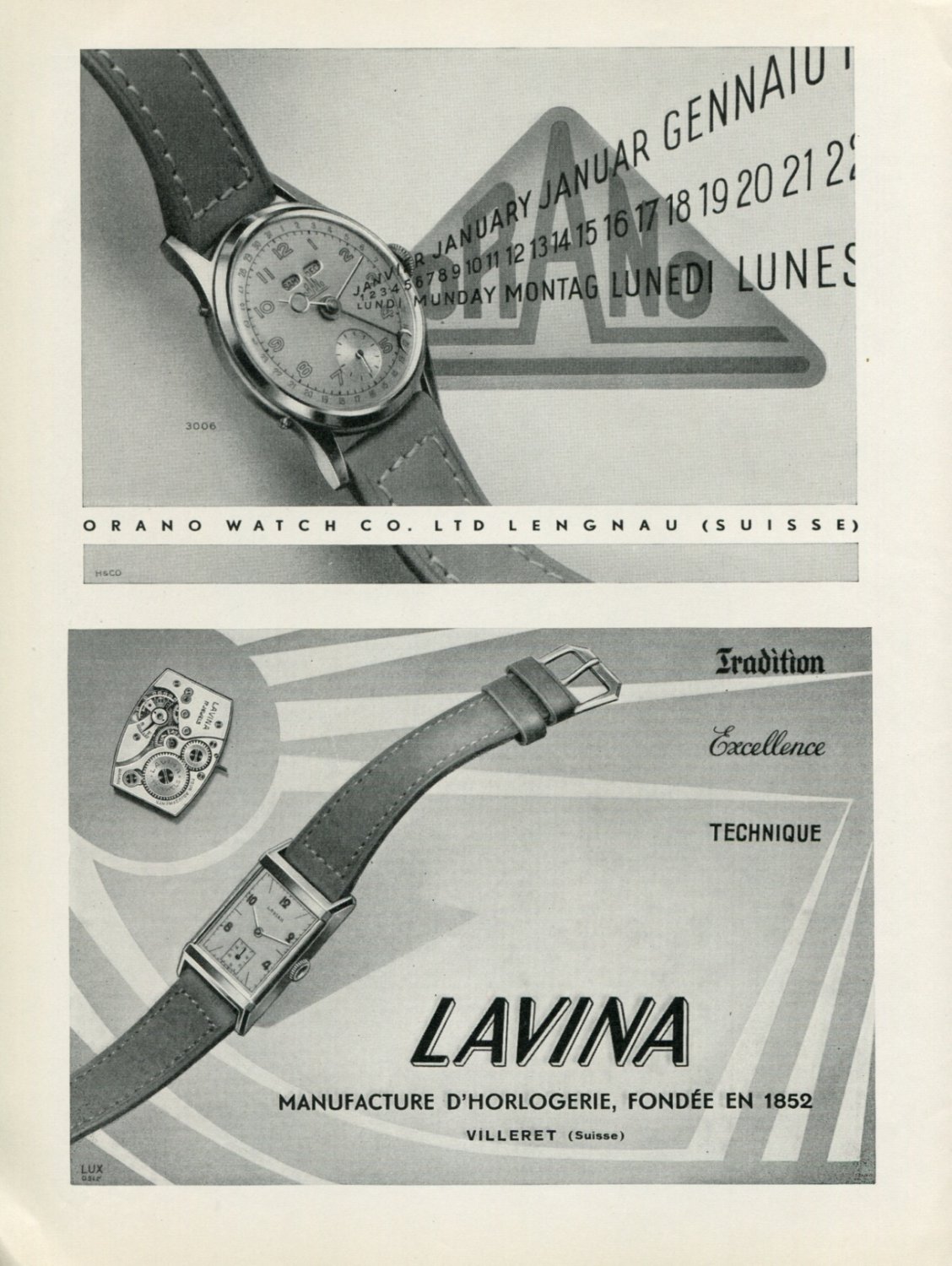 1949 Orano Watch Company Lengnau Lavina Watch Co Villeret Switzerland ...