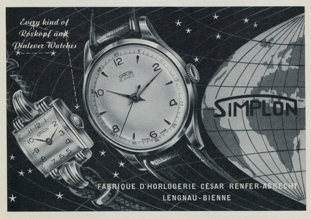 1957 Simplon Watch Company Cesar Renfer-Abrecht Vintage 1957 Swiss Ad ...