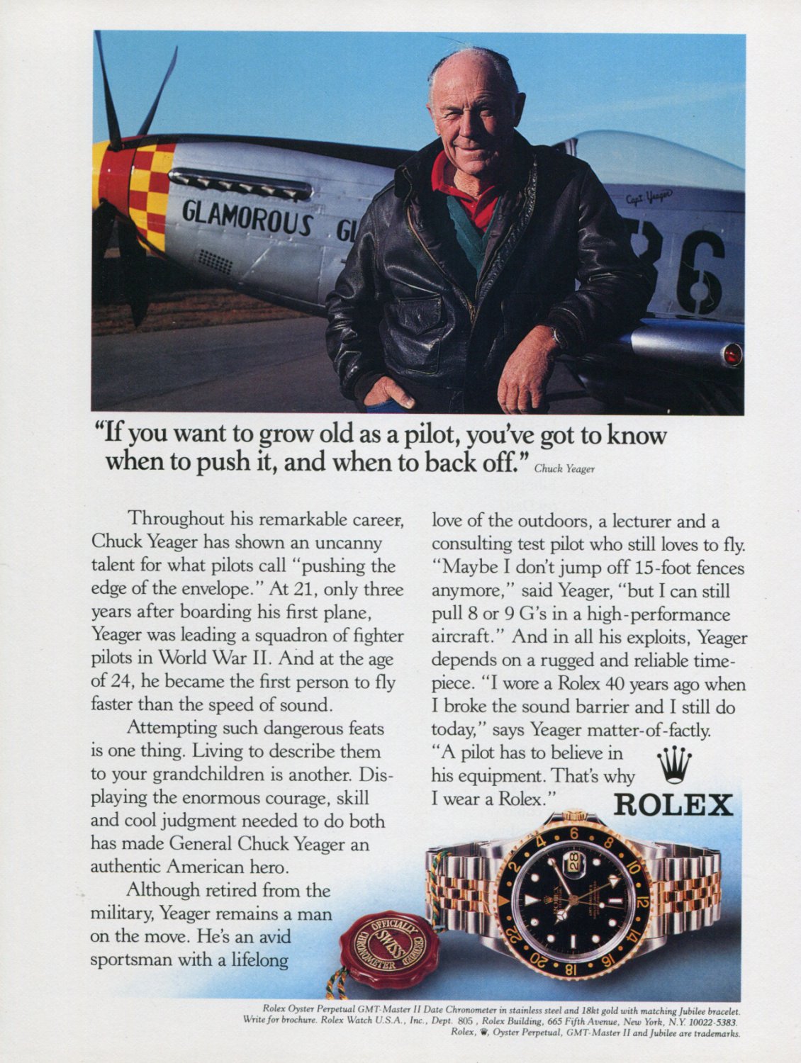 Rolex Watch Company Pilot General Chuck Yeager 1994 Rolex Ad Advert